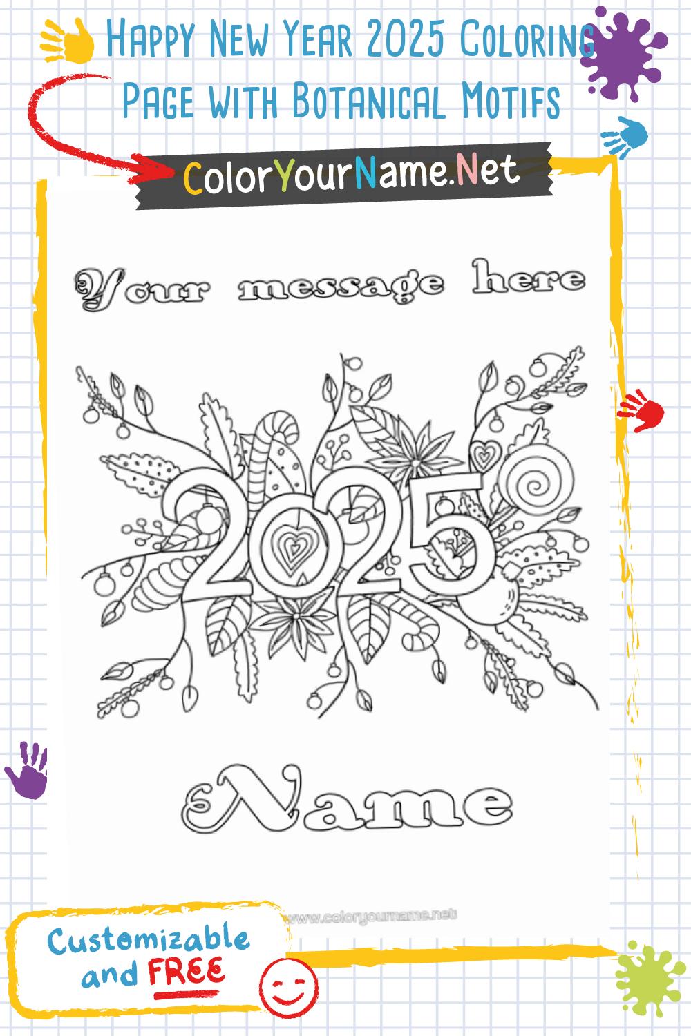 Happy New Year 2025 Coloring Page with Botanical Motifs