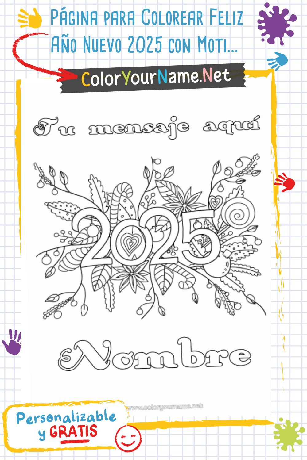Página para Colorear Feliz Año Nuevo 2025 con Motivos Vegetales