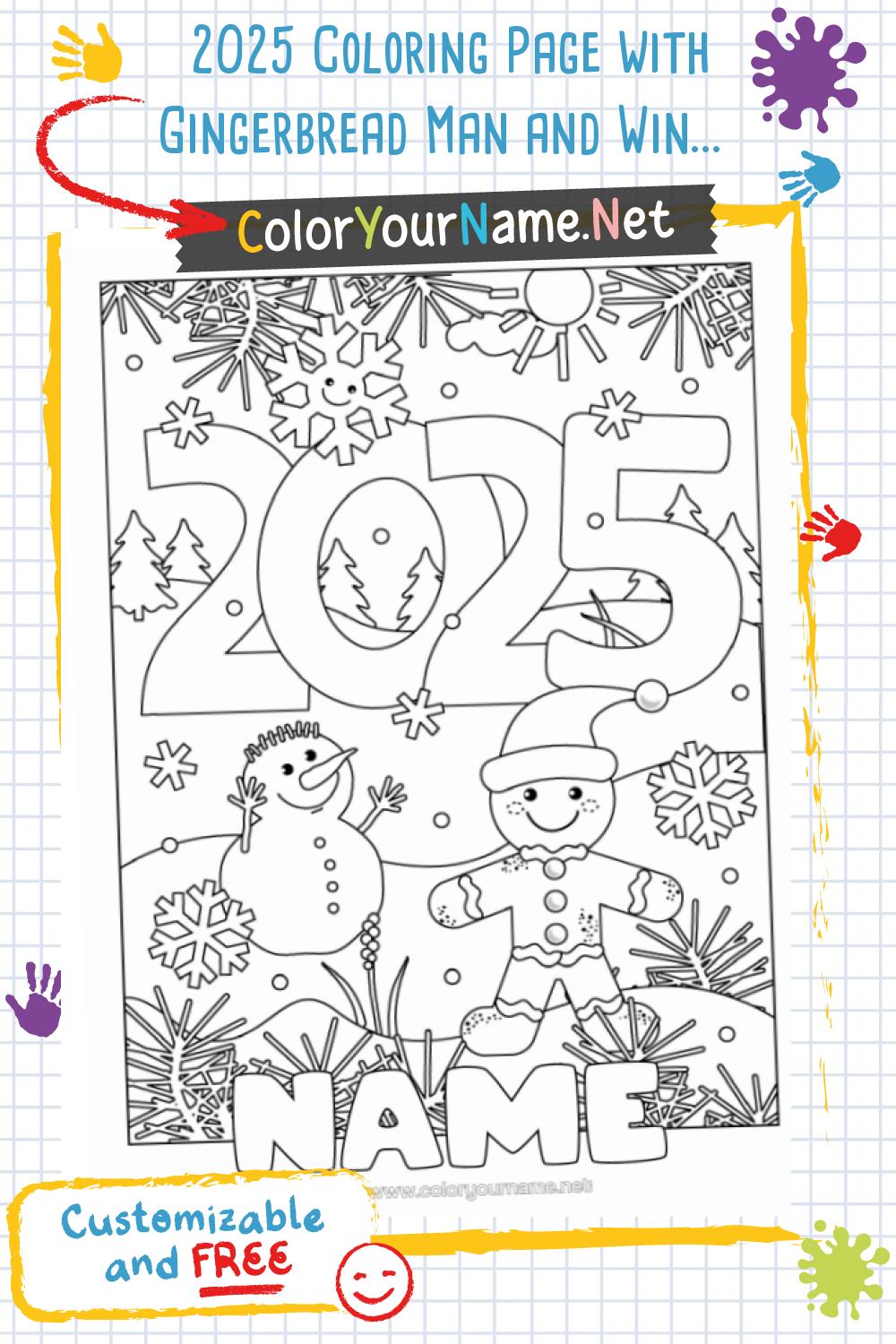 2025 Coloring Page with Gingerbread Man and Winter Decor