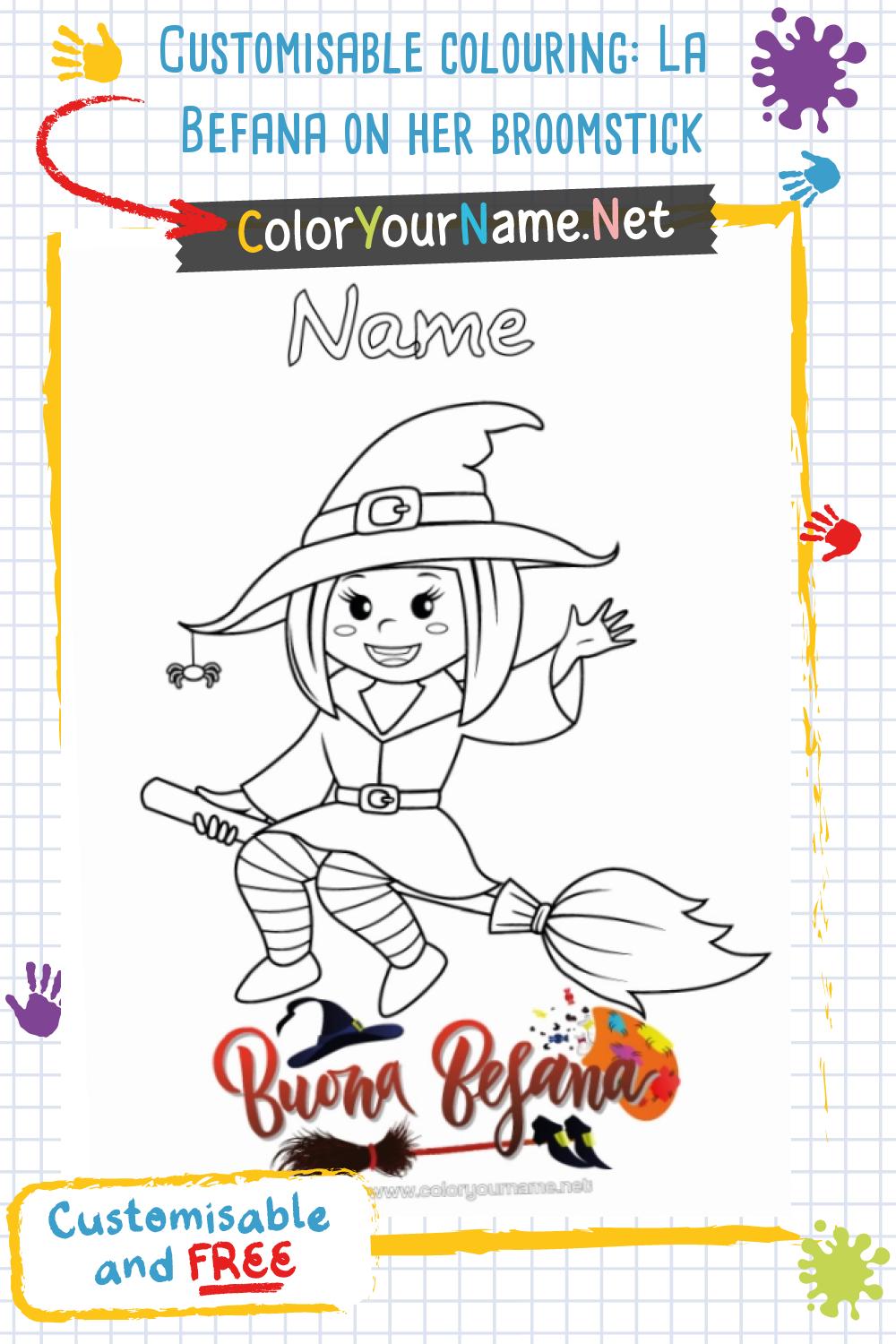 Customisable colouring: La Befana on her broomstick