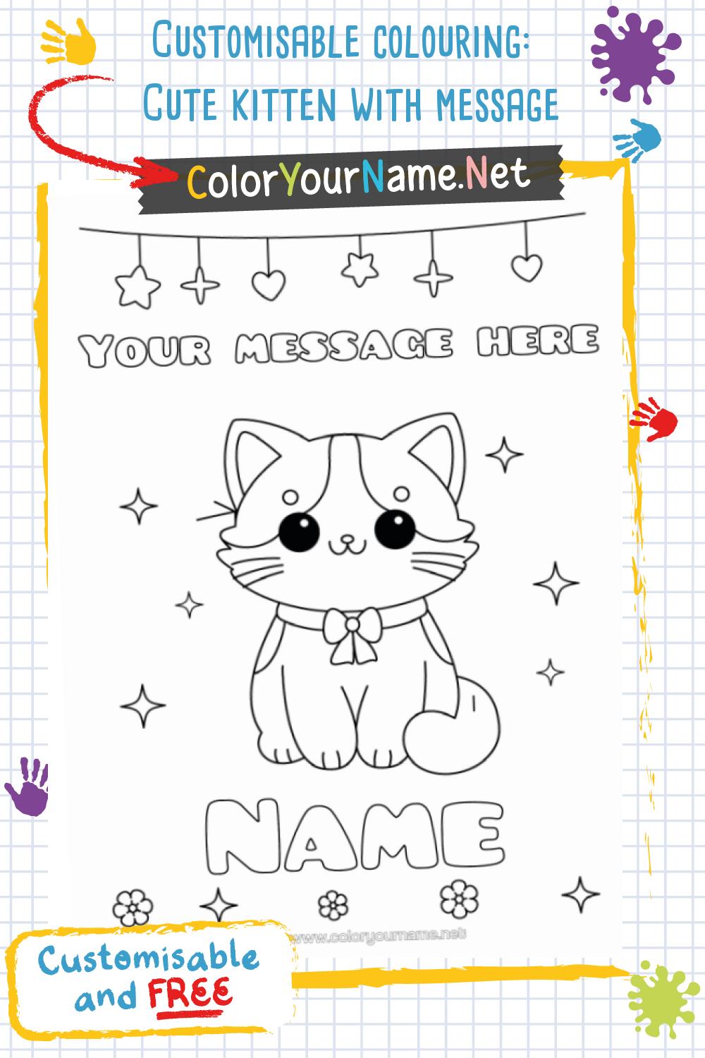Customisable colouring: Cute kitten with message