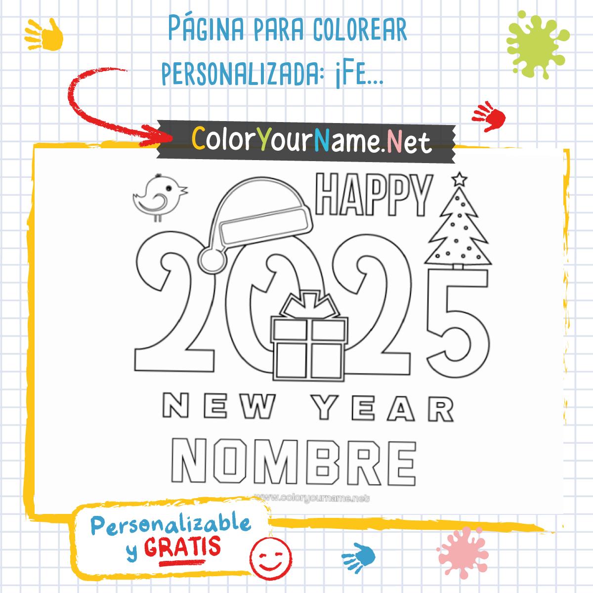 Página para colorear personalizada: ¡Feliz Año Nuevo 2025!