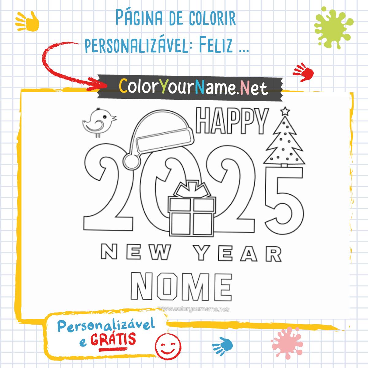 Página de colorir personalizável: Feliz Ano Novo 2025
