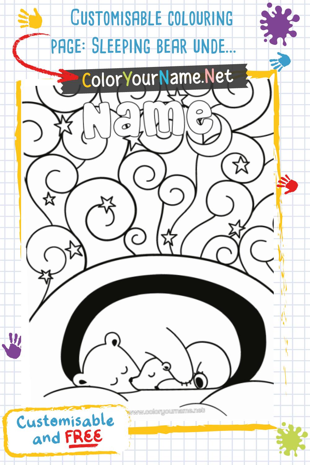 Customisable colouring page: Sleeping bear under a starry sky.