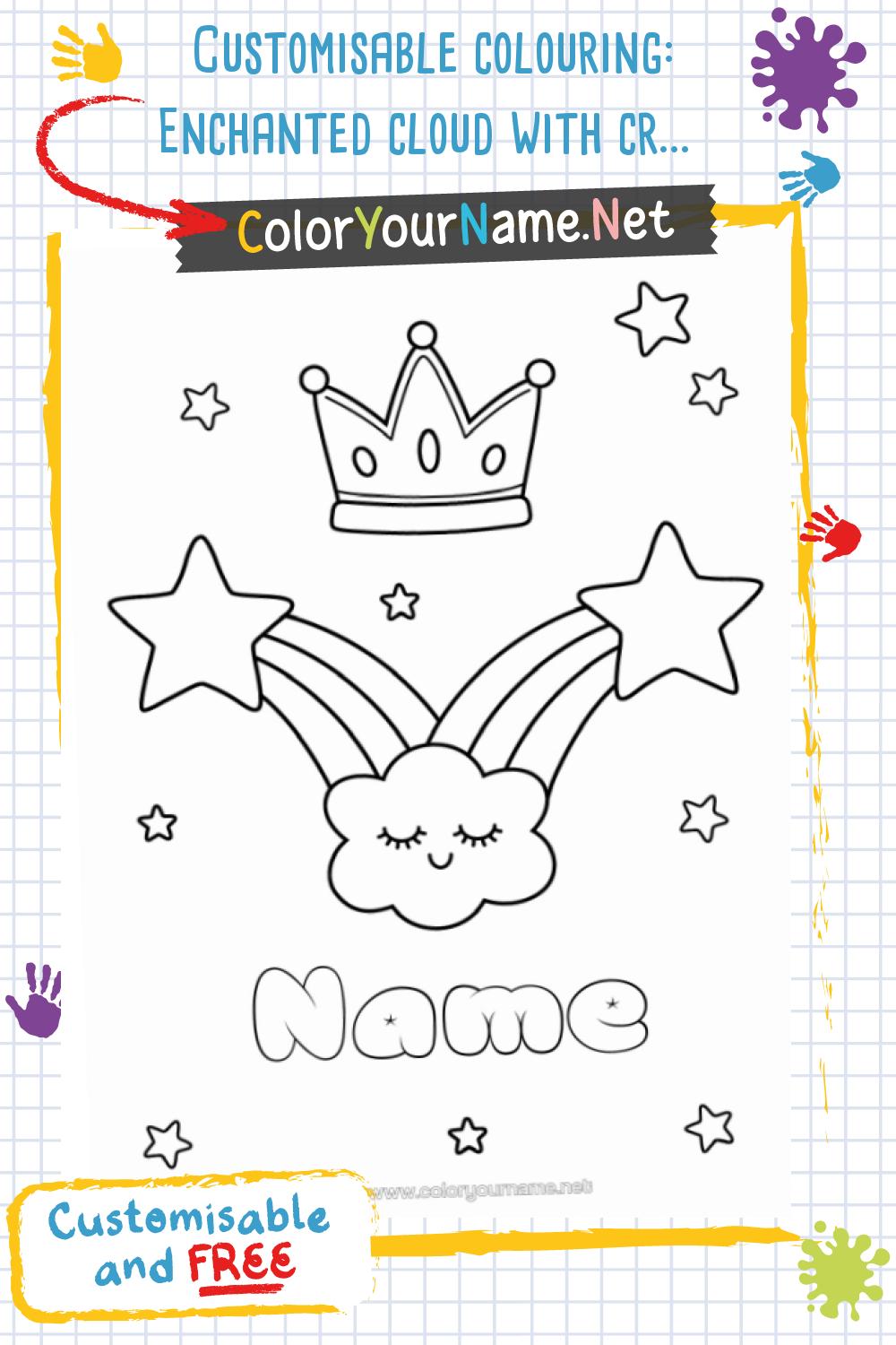Customisable colouring: Enchanted cloud with crown and rainbow