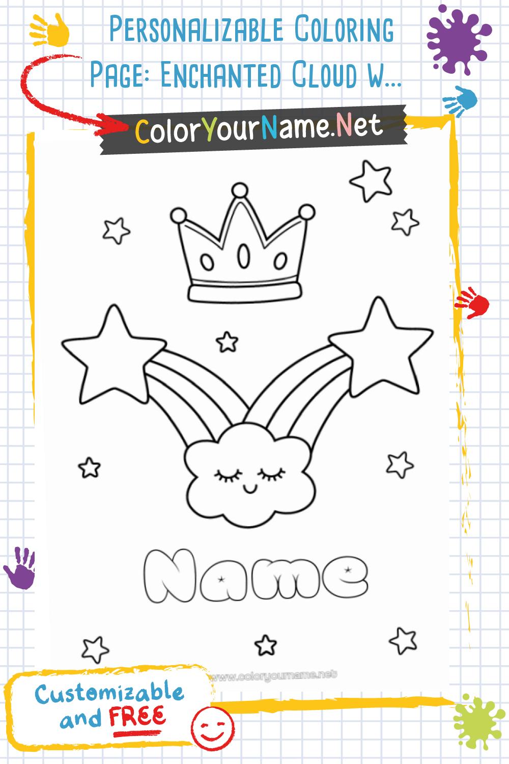 Personalizable Coloring Page: Enchanted Cloud with Crown and Rainbow