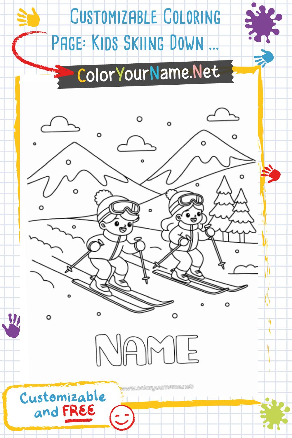 Customizable Coloring Page: Kids Skiing Down the Slopes