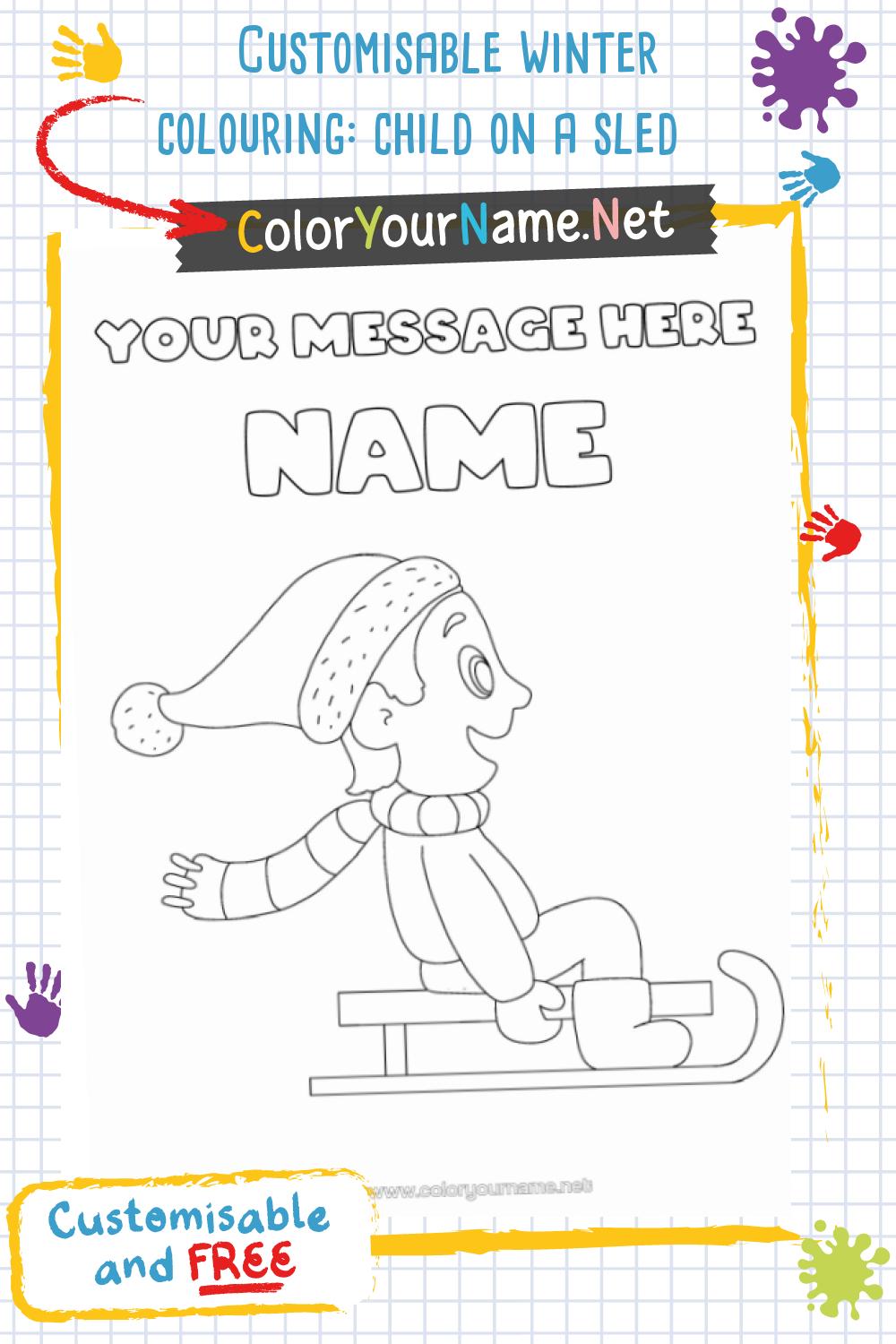 Customisable winter colouring: child on a sled
