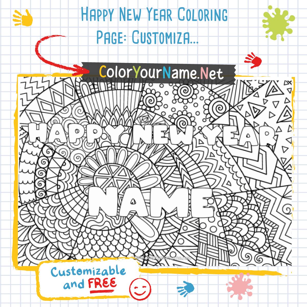 Happy New Year Coloring Page: Customizable Zentangle Patterns