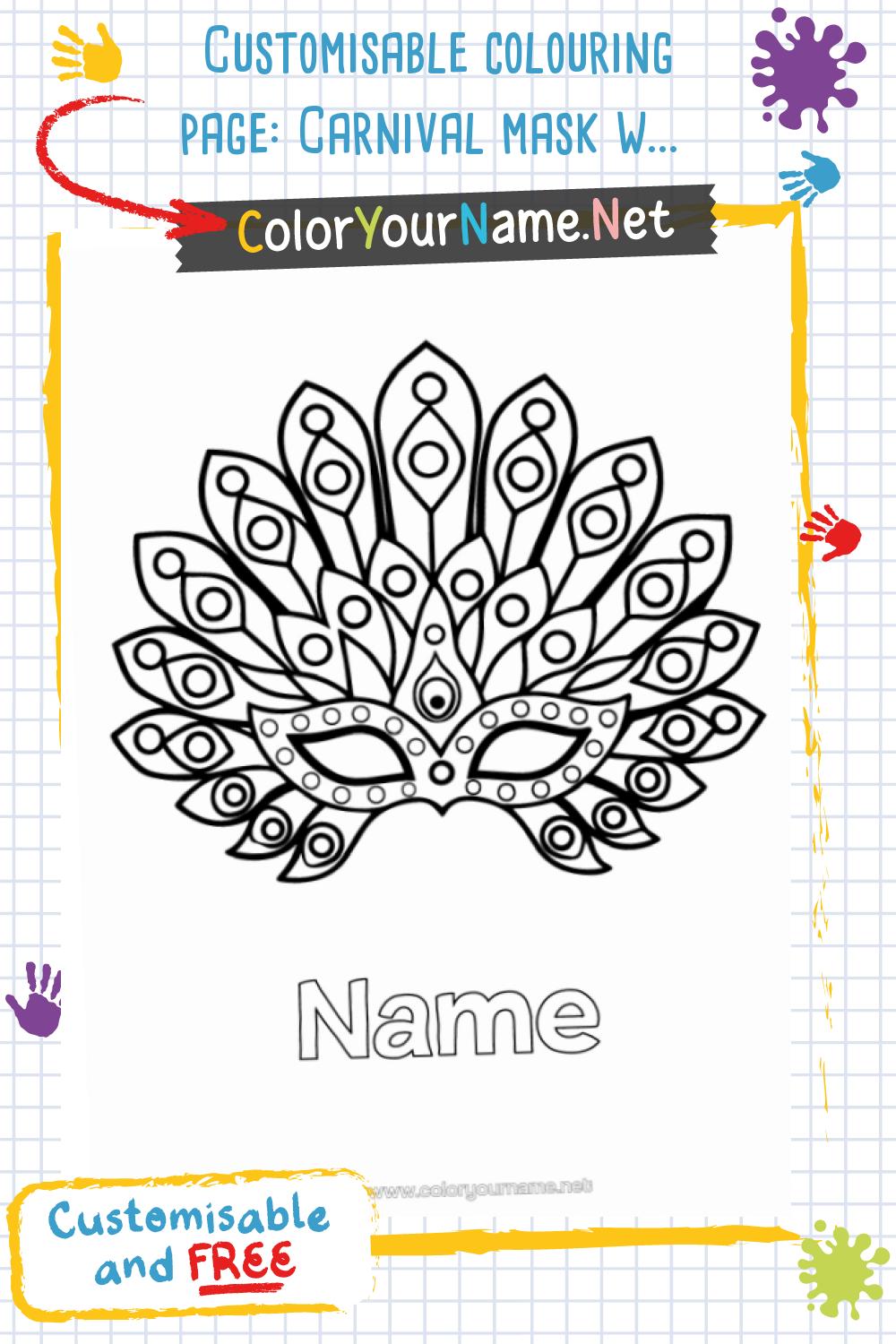 Customisable colouring page: Carnival mask with peacock feathers