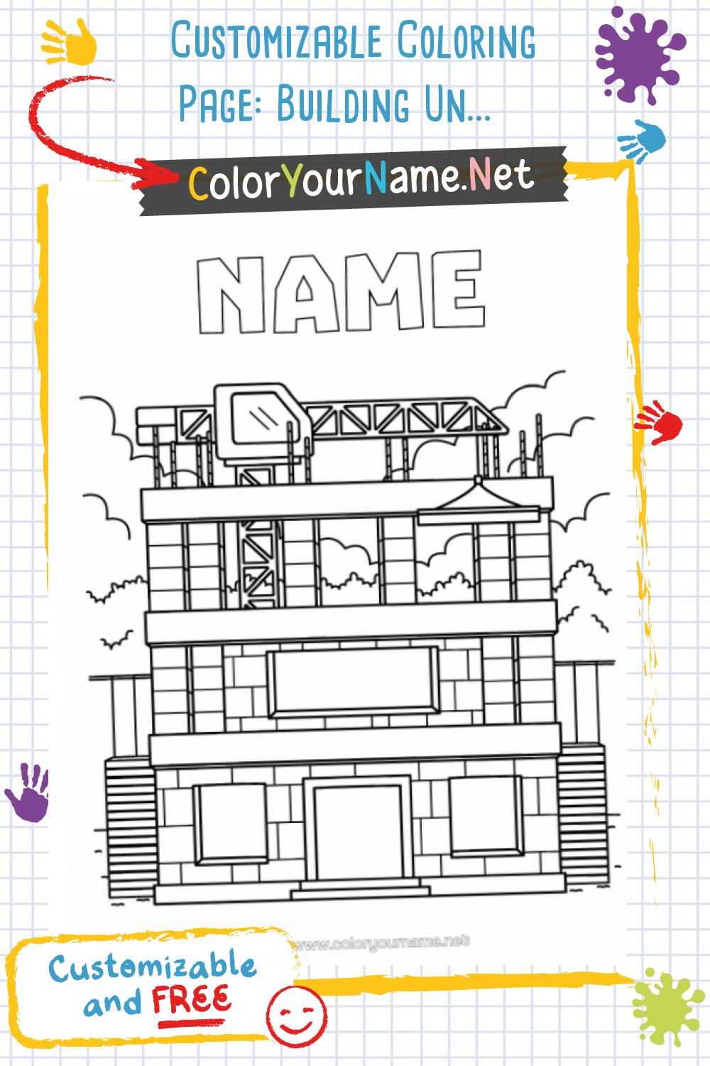Customizable Coloring Page: Building Under Construction with Crane