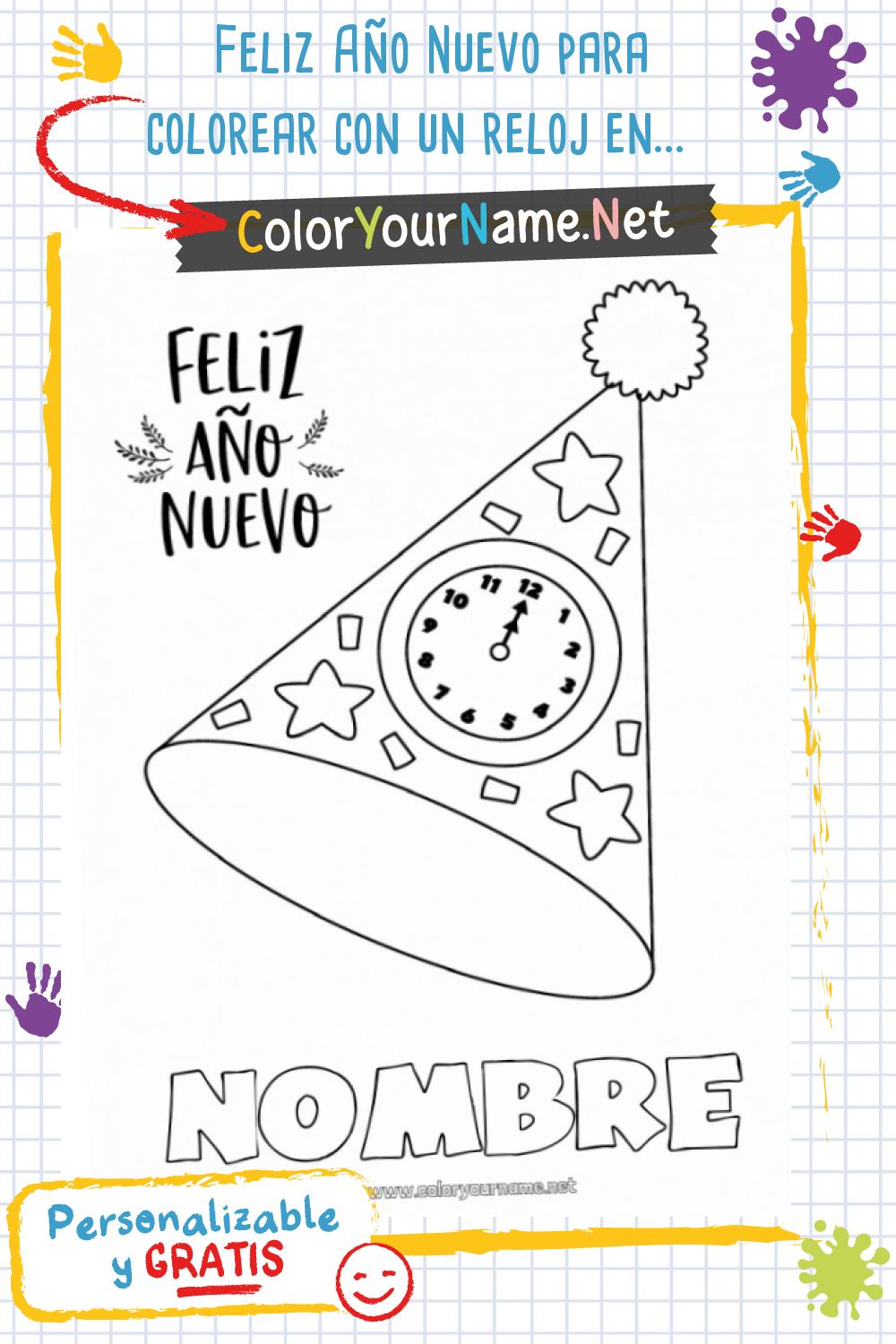 Feliz Año Nuevo para colorear con un reloj en un sombrero de fiesta