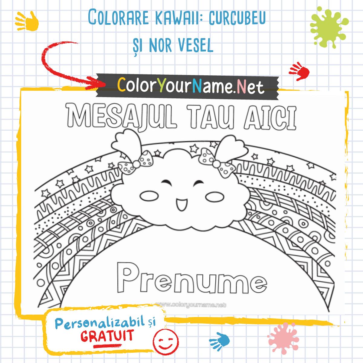 Colorare kawaii: curcubeu și nor vesel