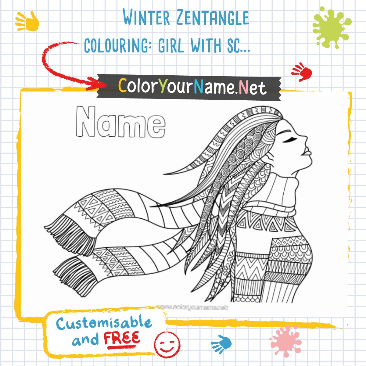 Winter Zentangle colouring: girl with scarf and jumper