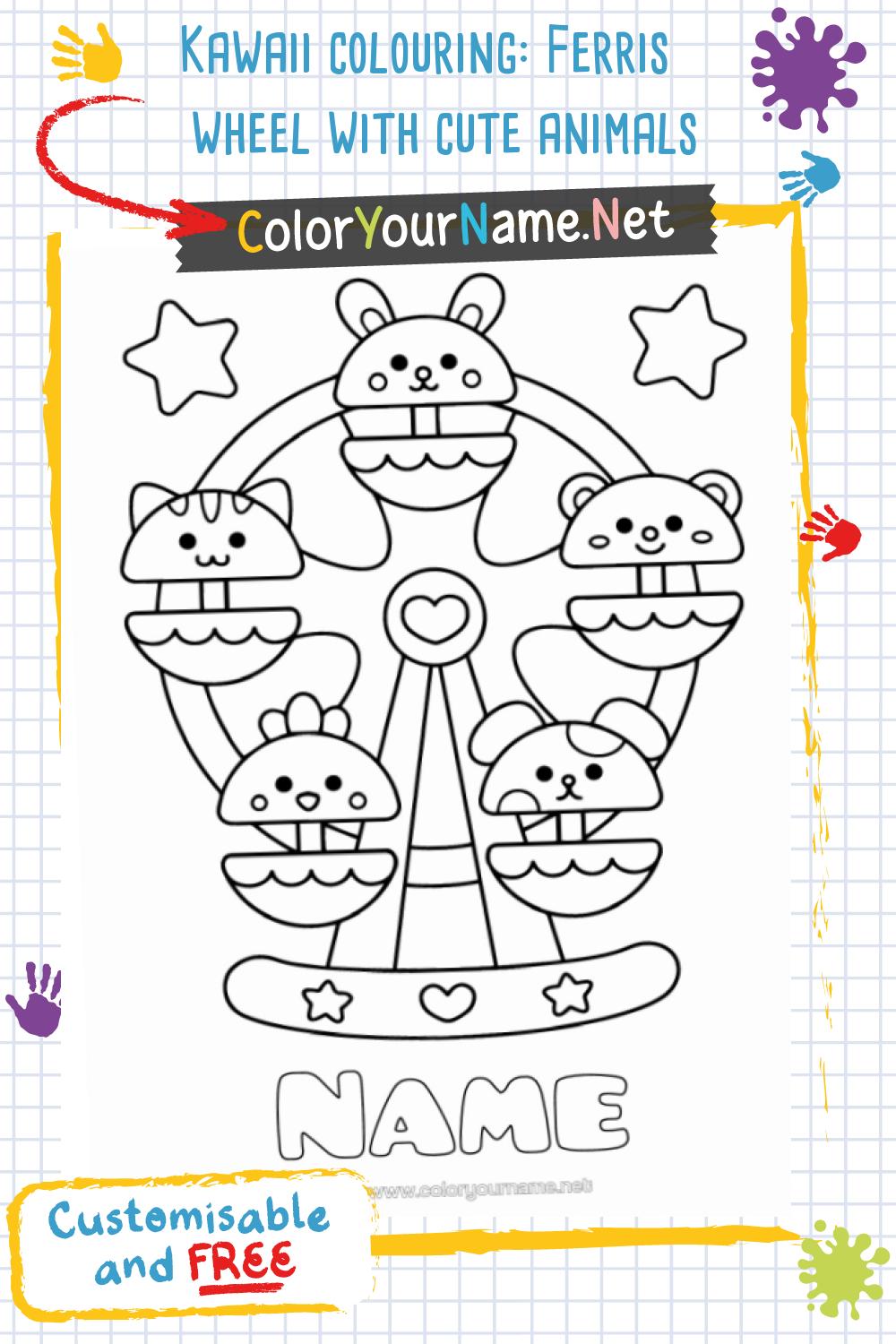 Kawaii colouring: Ferris wheel with cute animals