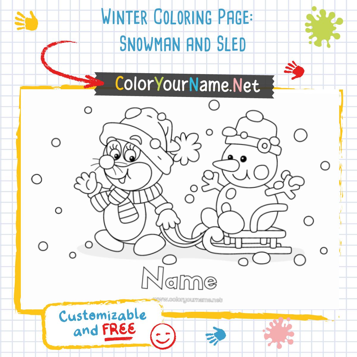 Winter Coloring Page: Snowman and Sled