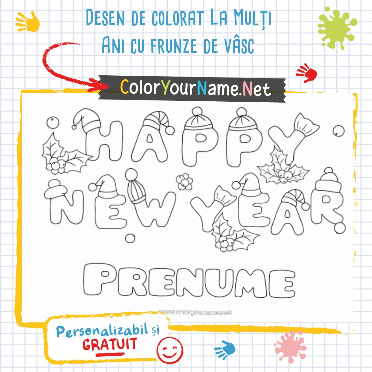 Desen de colorat La Mulți Ani cu frunze de vâsc