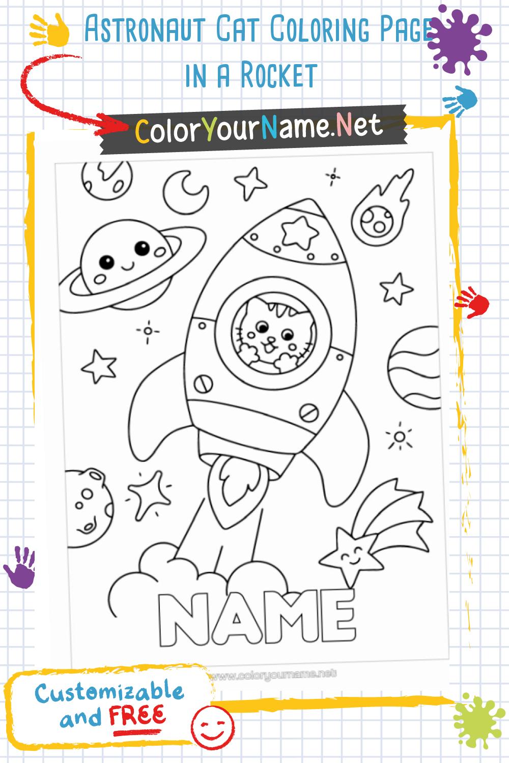 Astronaut Cat Coloring Page in a Rocket