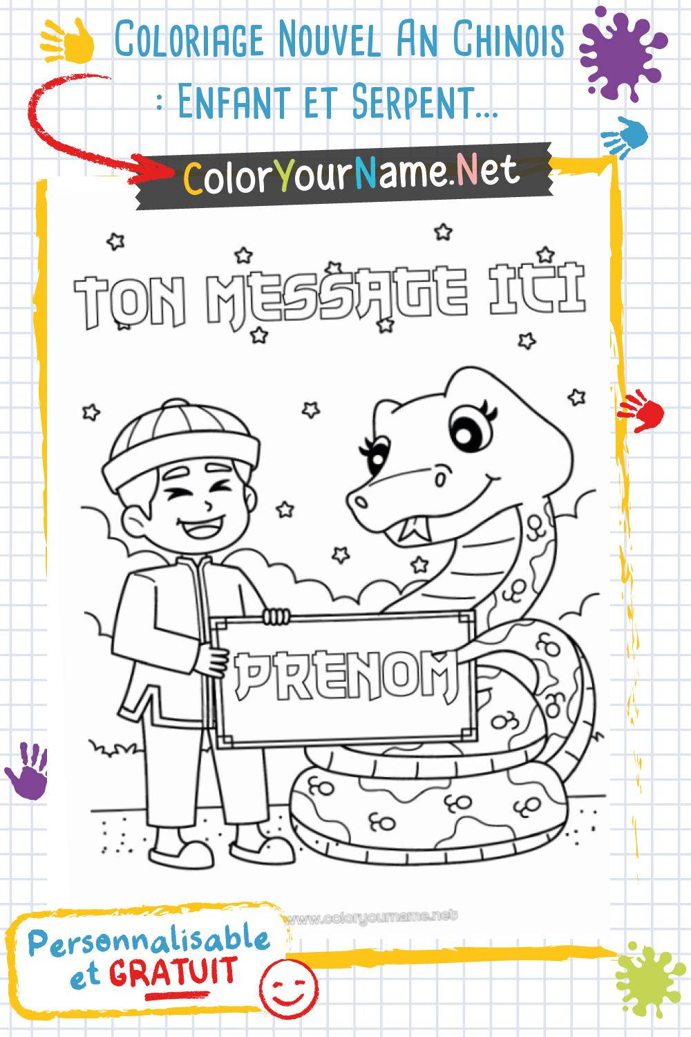 Coloriage Nouvel An Chinois : Enfant et Serpent à Personnaliser