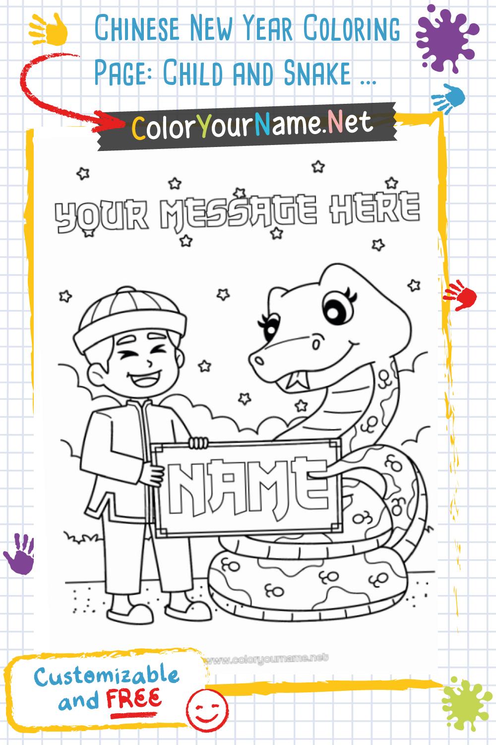 Chinese New Year Coloring Page: Child and Snake – Customizable