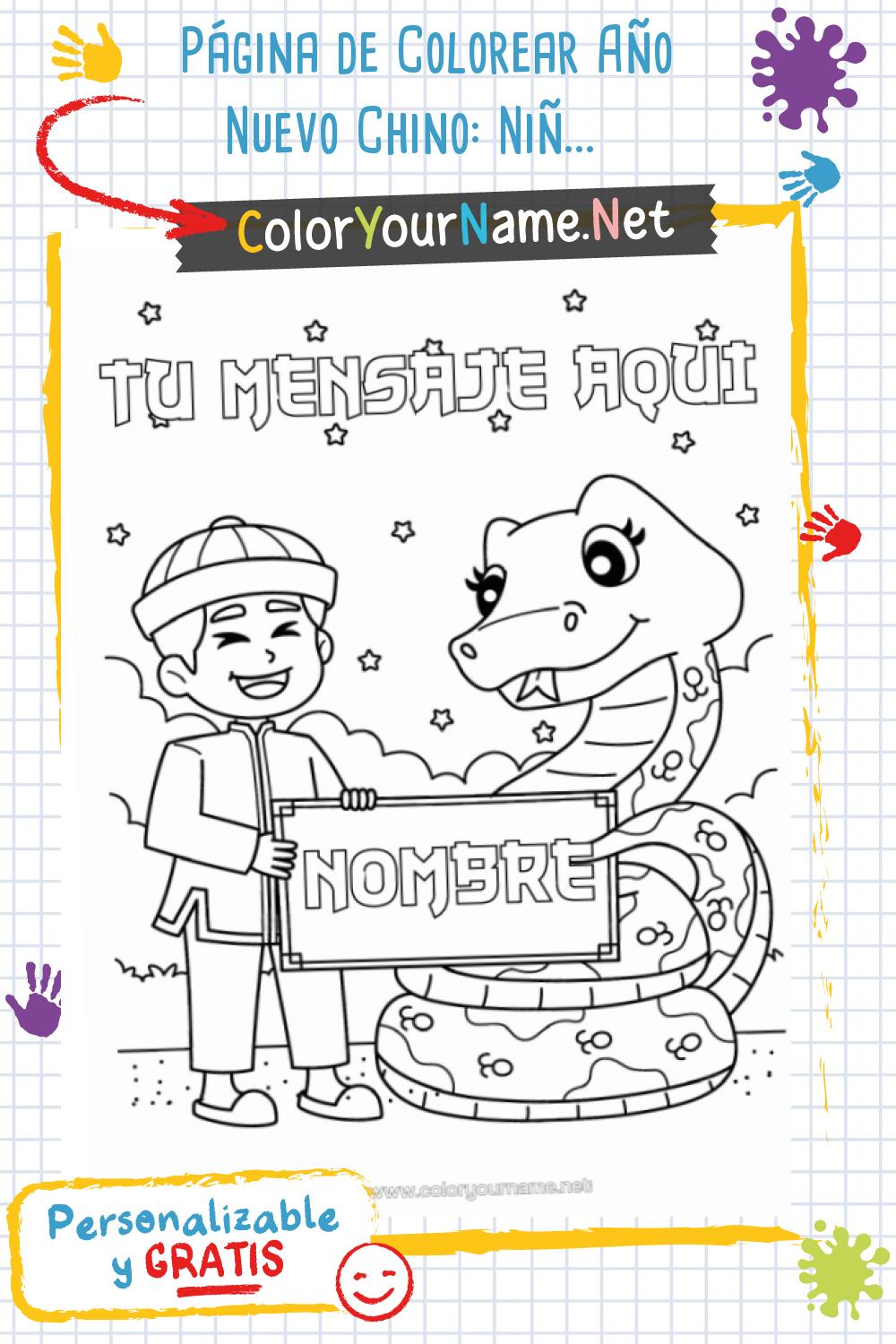 Página de Colorear Año Nuevo Chino: Niño y Serpiente – Personalizable