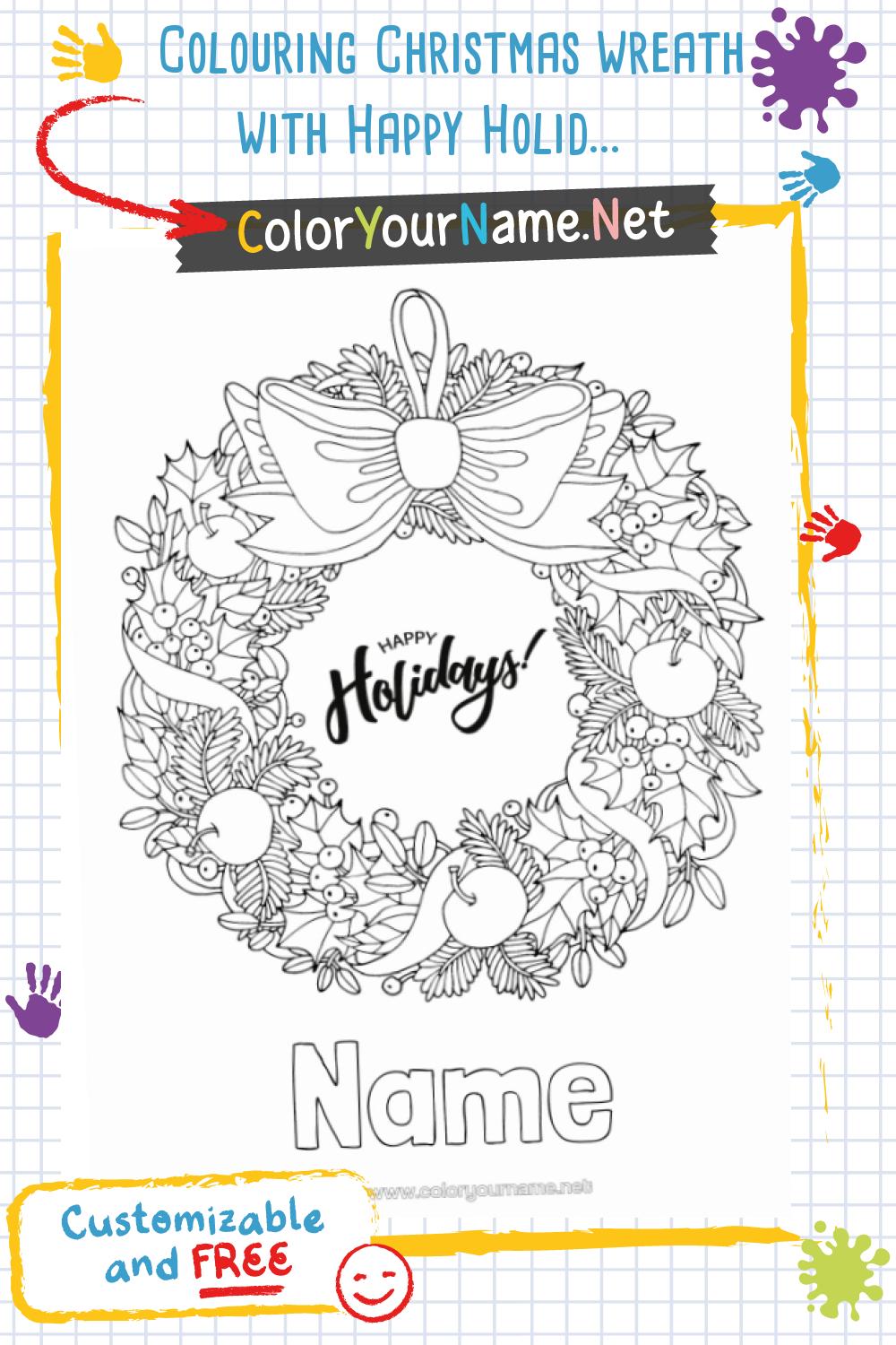 Colouring Christmas wreath with Happy Holidays inscription