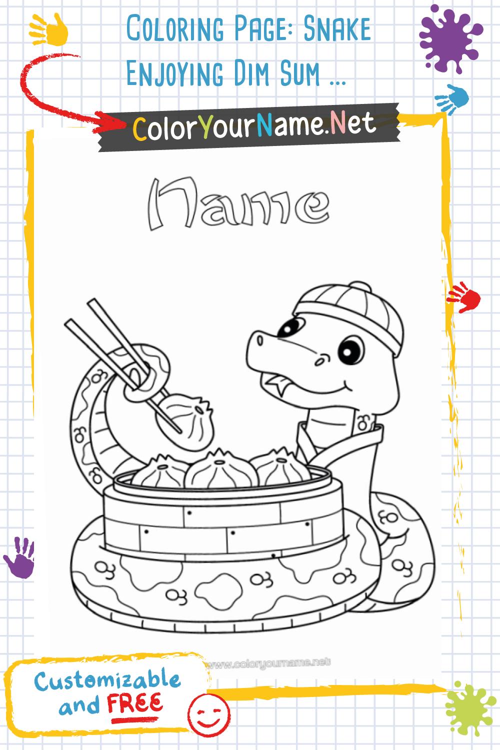 Coloring Page: Snake Enjoying Dim Sum – Customizable