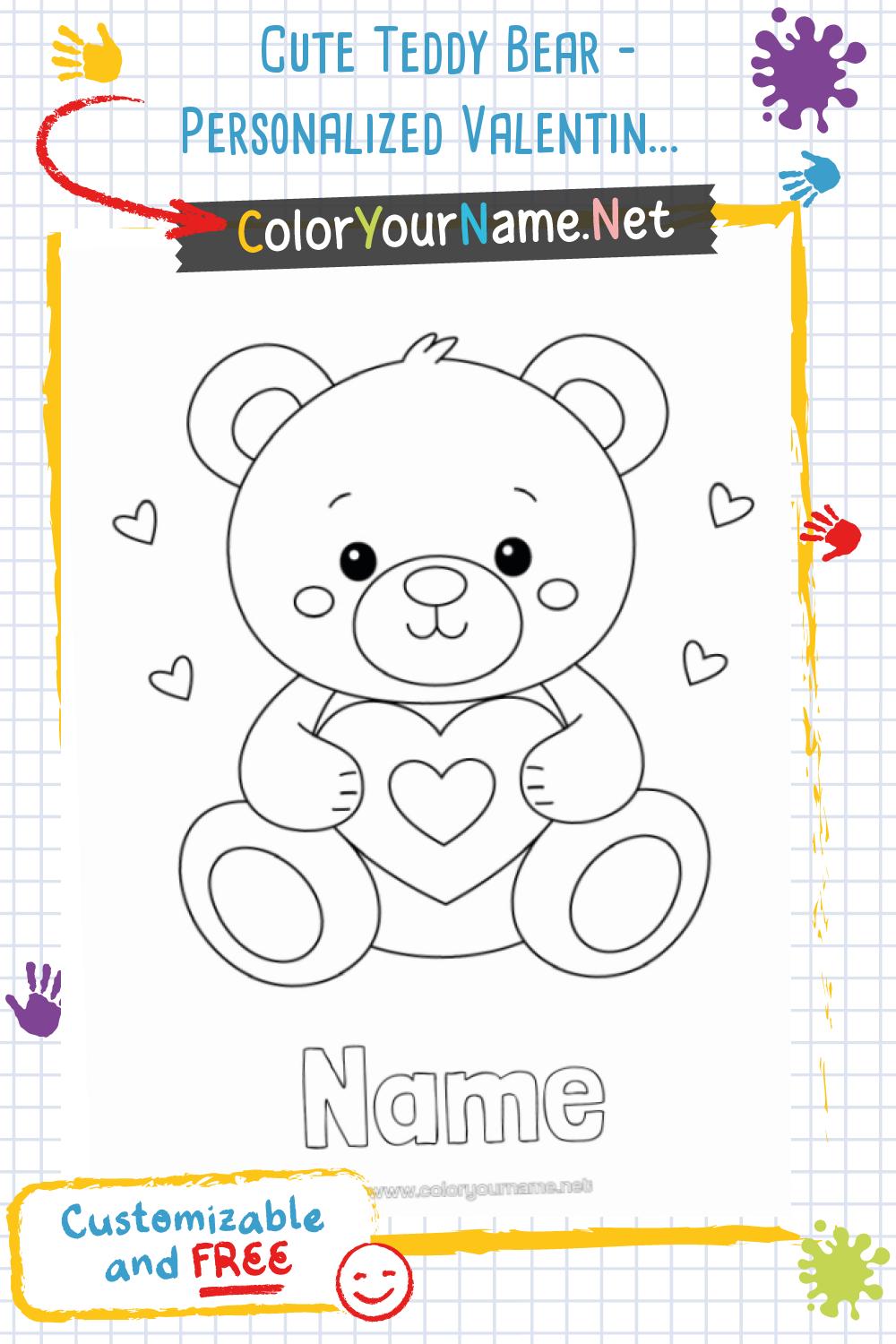 Cute Teddy Bear - Personalized Valentine's Day Coloring Page
