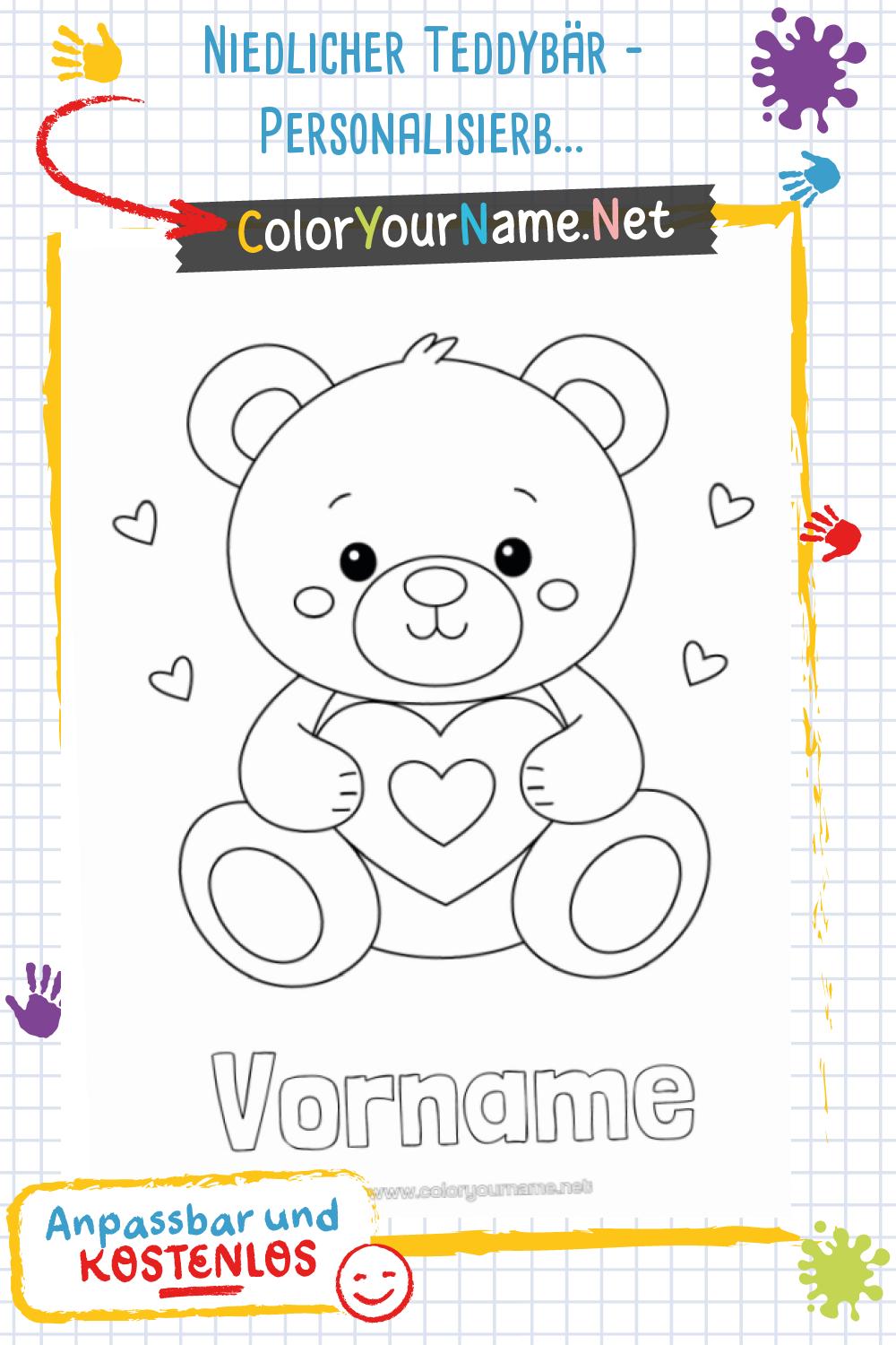 Niedlicher Teddybär - Personalisierbare Ausmalbild für den Valentinstag