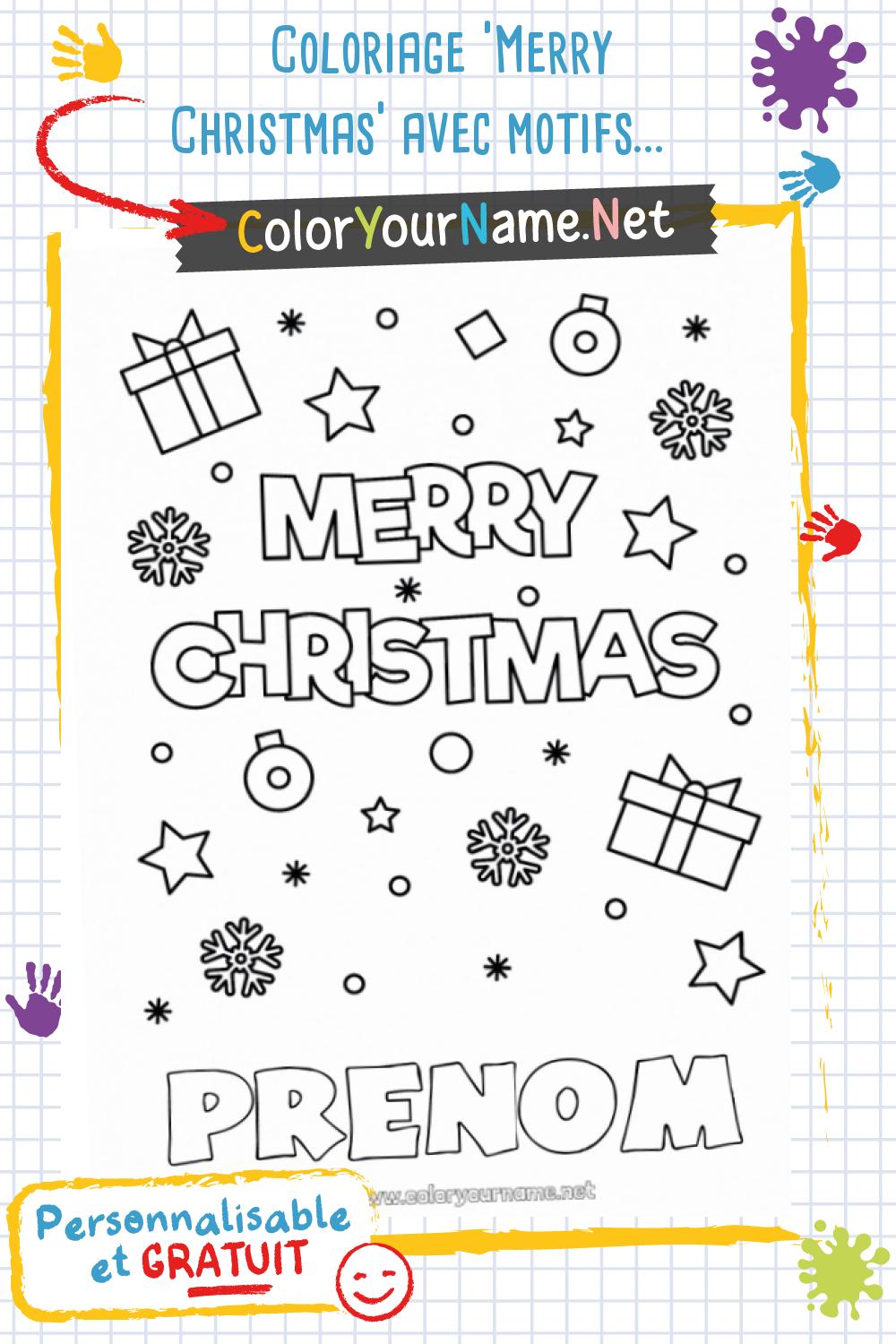 Coloriage 'Merry Christmas' avec motifs de Noël