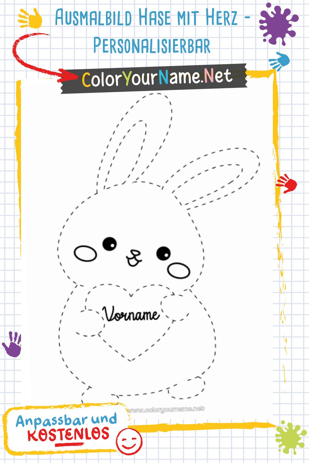 Ausmalbild Hase mit Herz - Personalisierbar