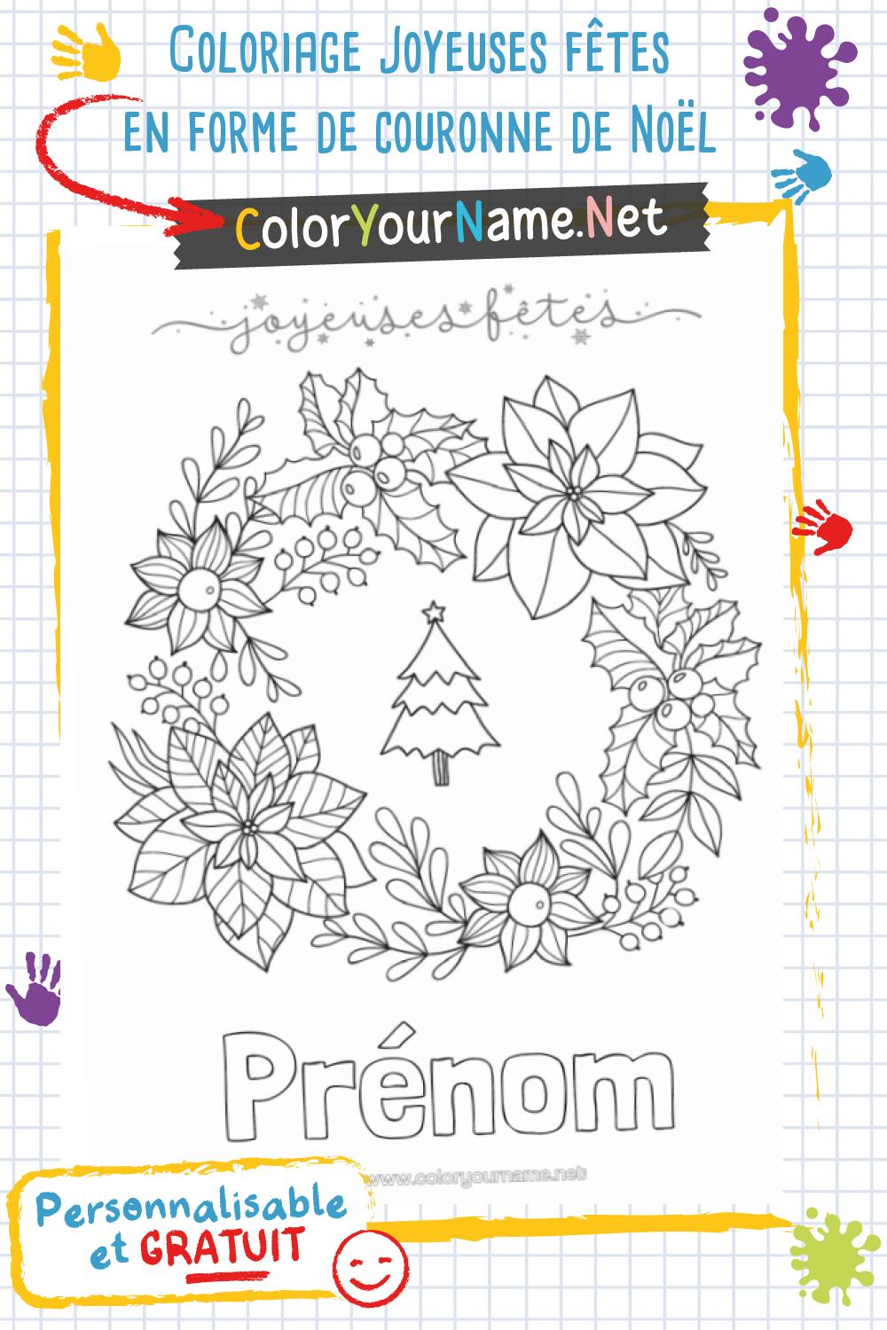 Coloriage Joyeuses fêtes en forme de couronne de Noël