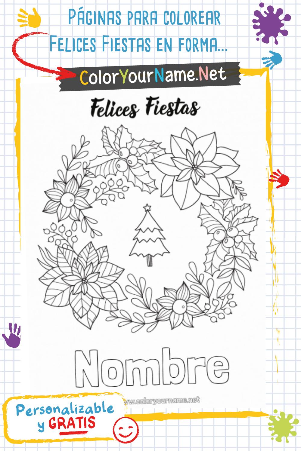 Páginas para colorear Felices Fiestas en forma de corona navideña