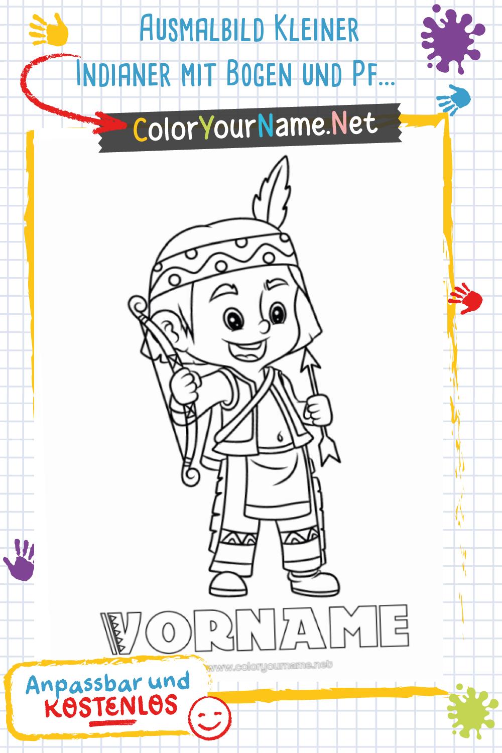 Ausmalbild Kleiner Indianer mit Bogen und Pfeil - Kostenlos und ...