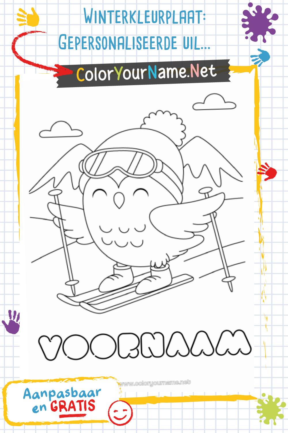 Winterkleurplaat: Gepersonaliseerde uil op ski’s in de bergen