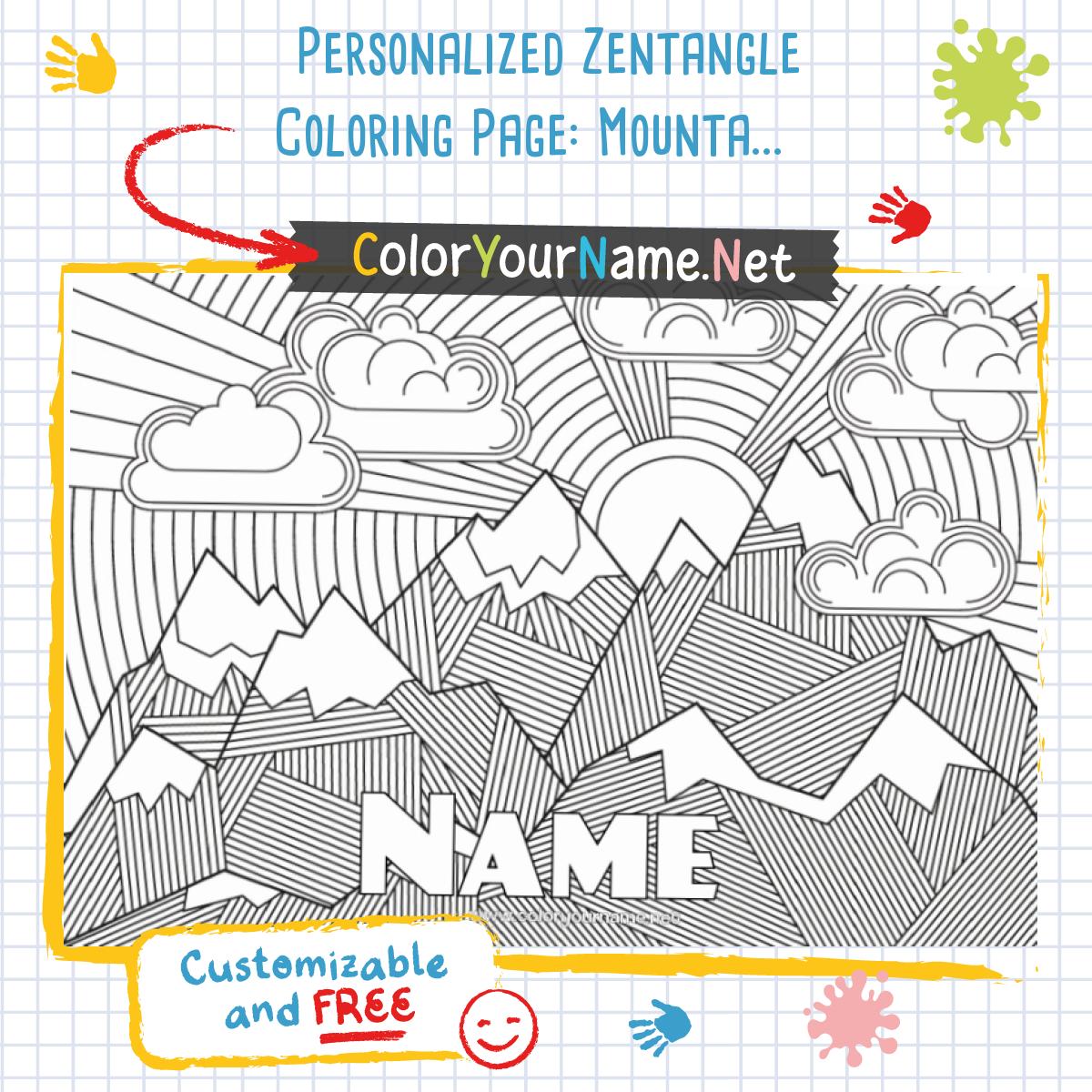 Personalized Zentangle Coloring Page: Mountains and Sunrise