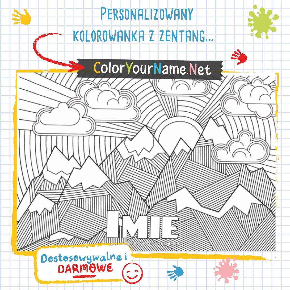 Personalizowany kolorowanka z zentangle: Góry i wschód słońca