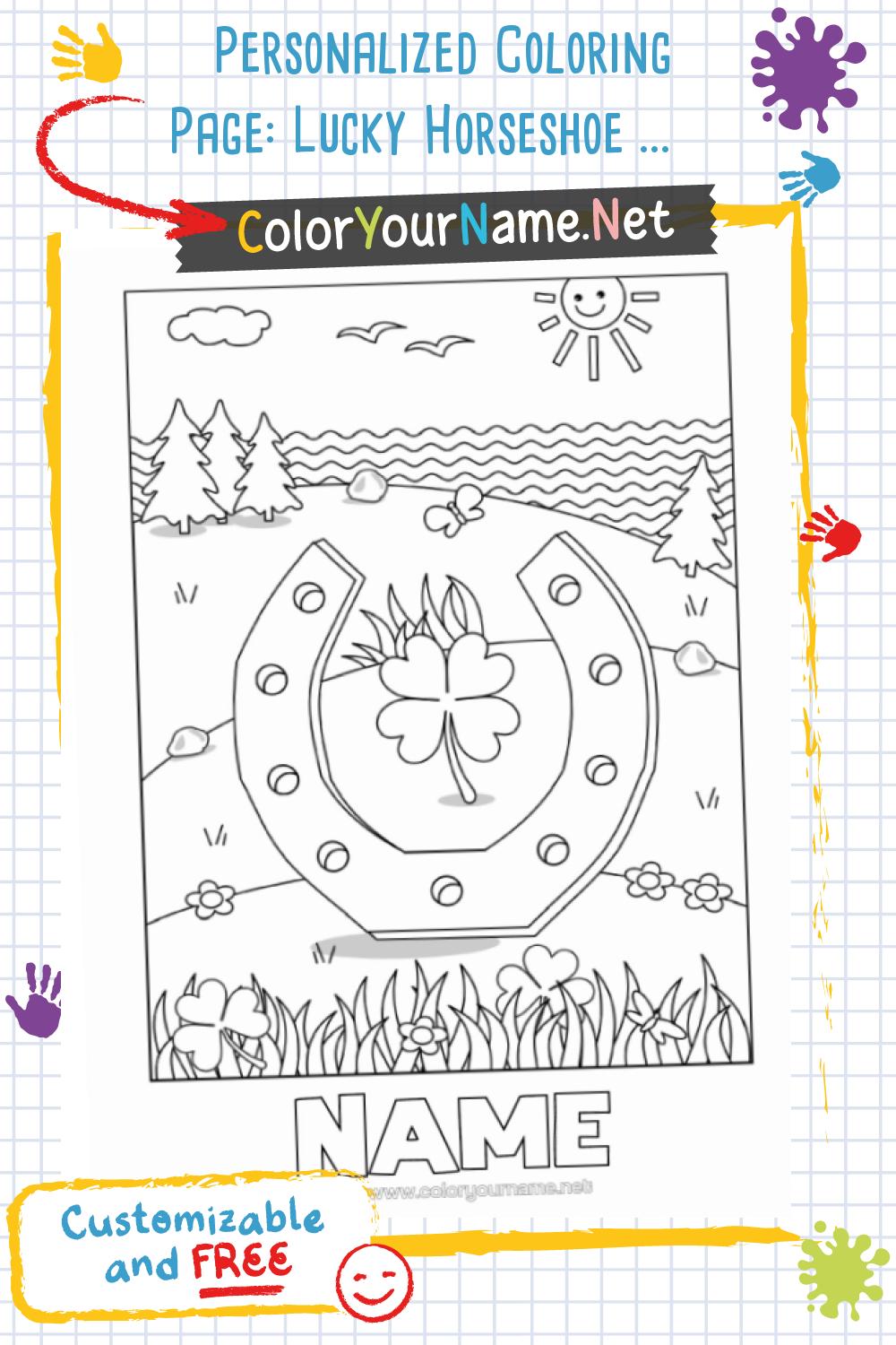Personalized Coloring Page: Lucky Horseshoe and Four-Leaf Clover