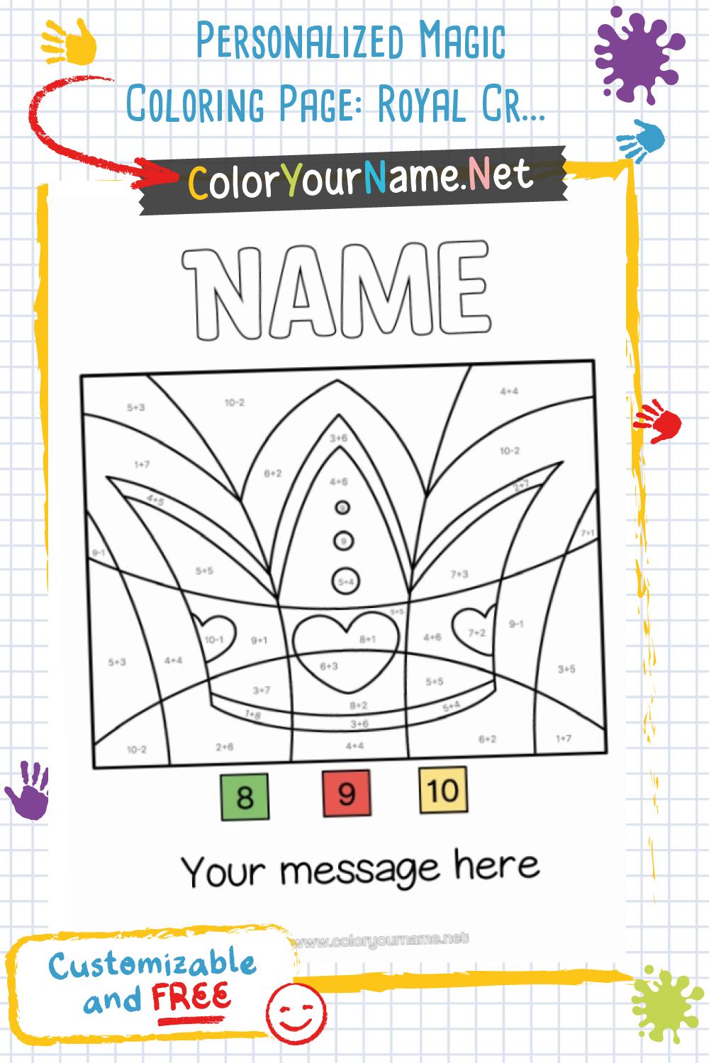 Personalized Magic Coloring Page: Royal Crown and Fun Math Activities
