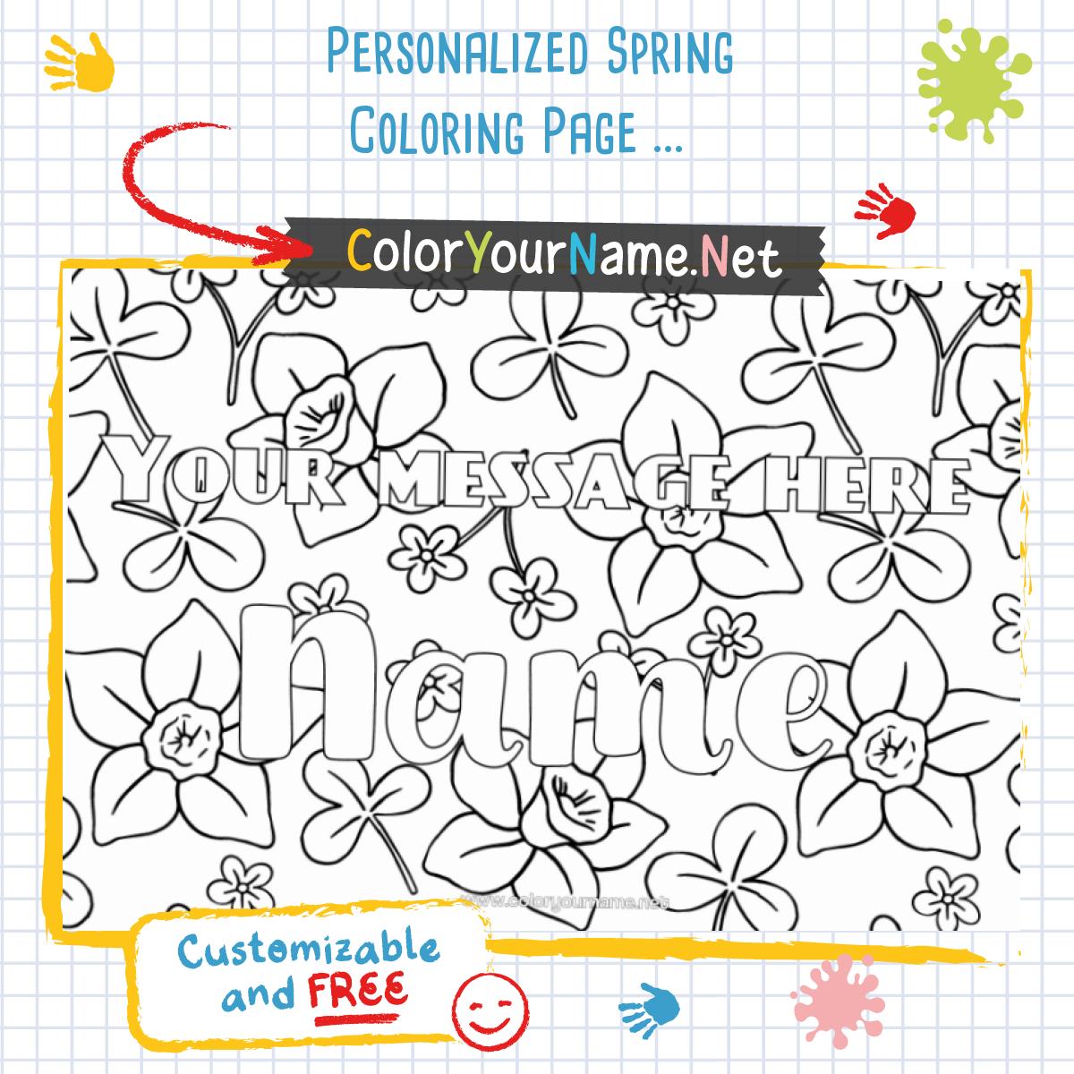 Personalized Spring Coloring Page – Daffodils, Clovers, and Custom Message