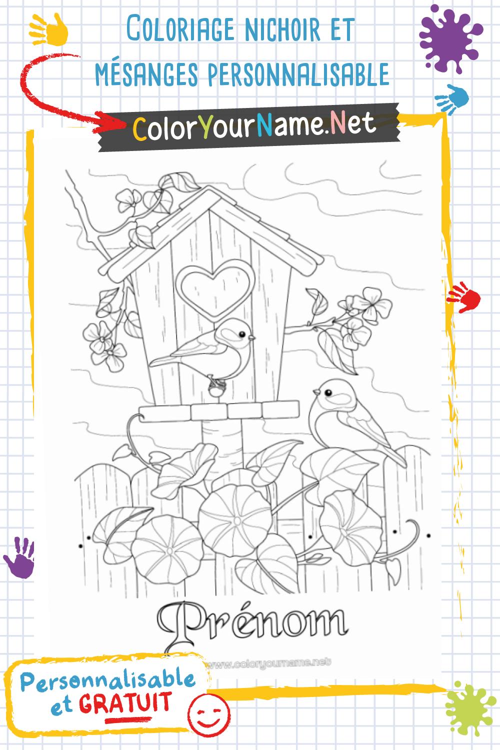 Coloriage nichoir et mésanges personnalisable