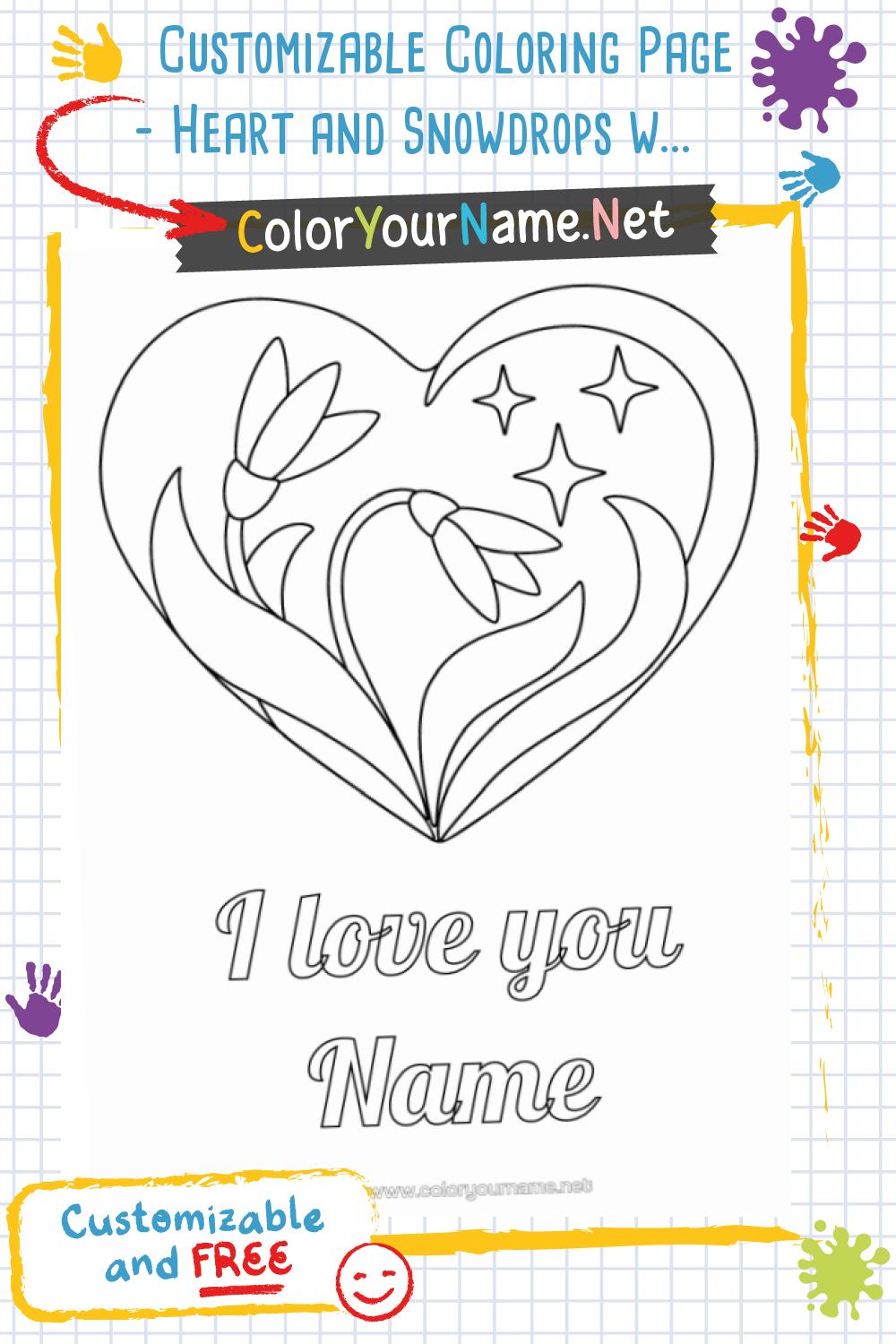 Customizable Coloring Page – Heart and Snowdrops with a Love Message