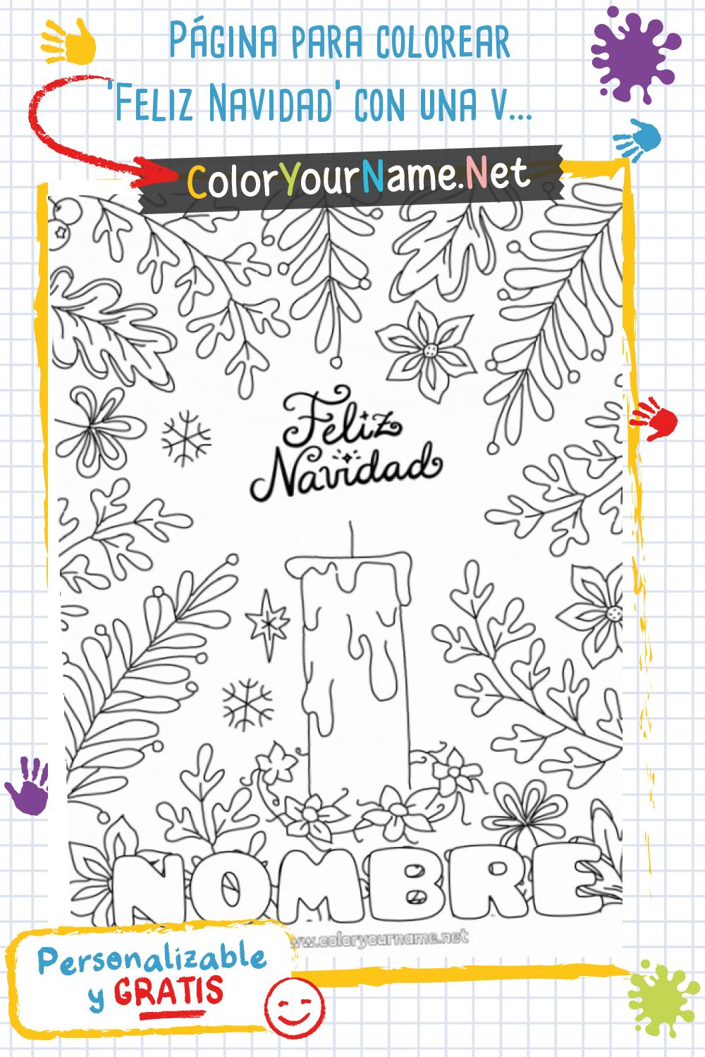 Página para colorear 'Feliz Navidad' con una vela y hojas