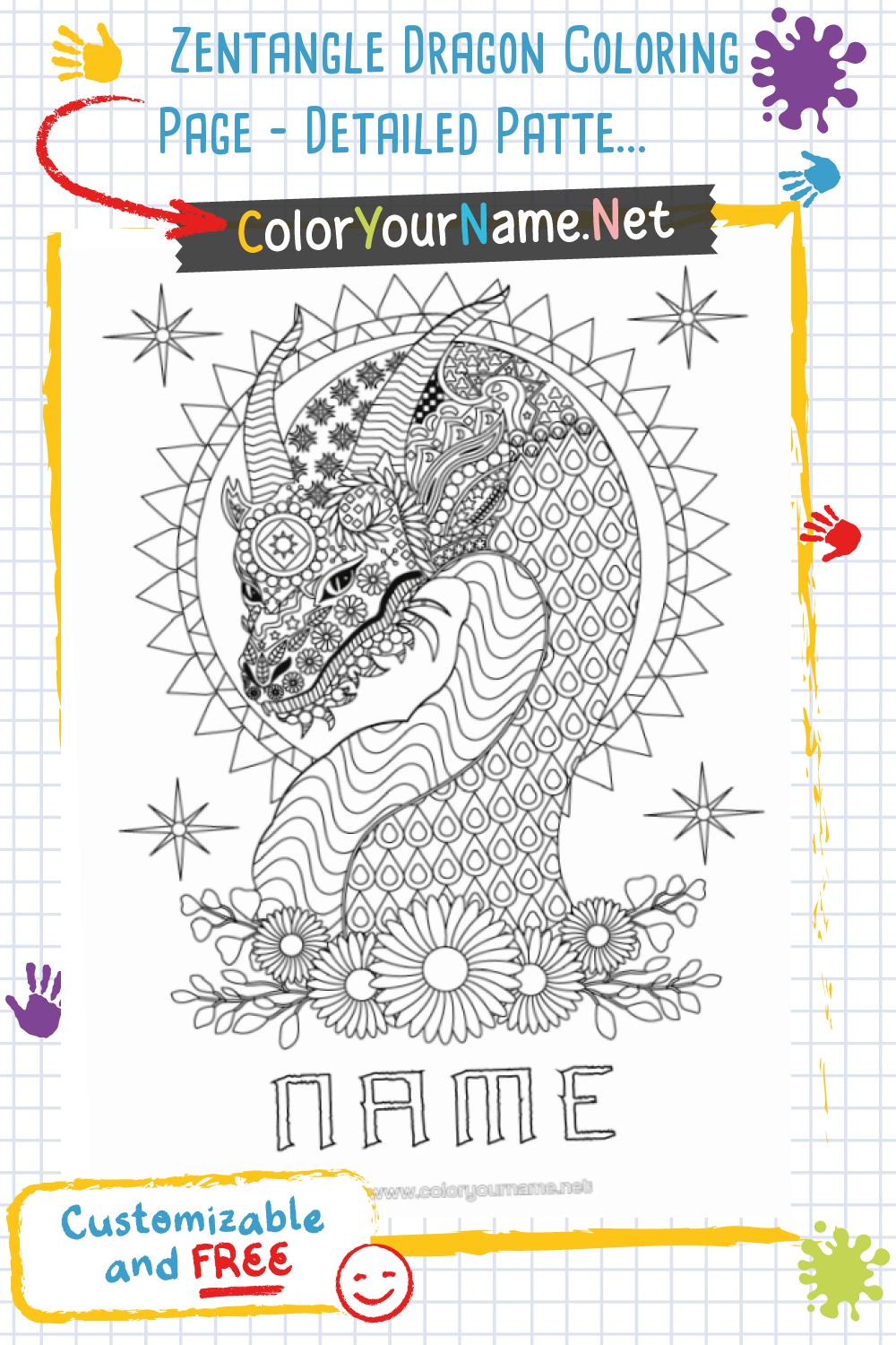 Zentangle Dragon Coloring Page – Detailed Patterns and Personalization