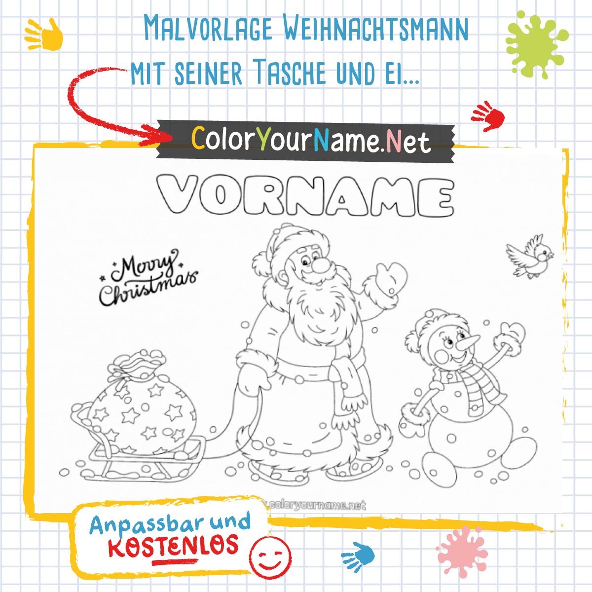 Malvorlage Weihnachtsmann mit seiner Tasche und einem Schneemann