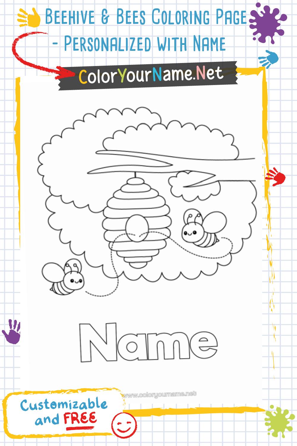 Beehive & Bees Coloring Page – Personalized with Name