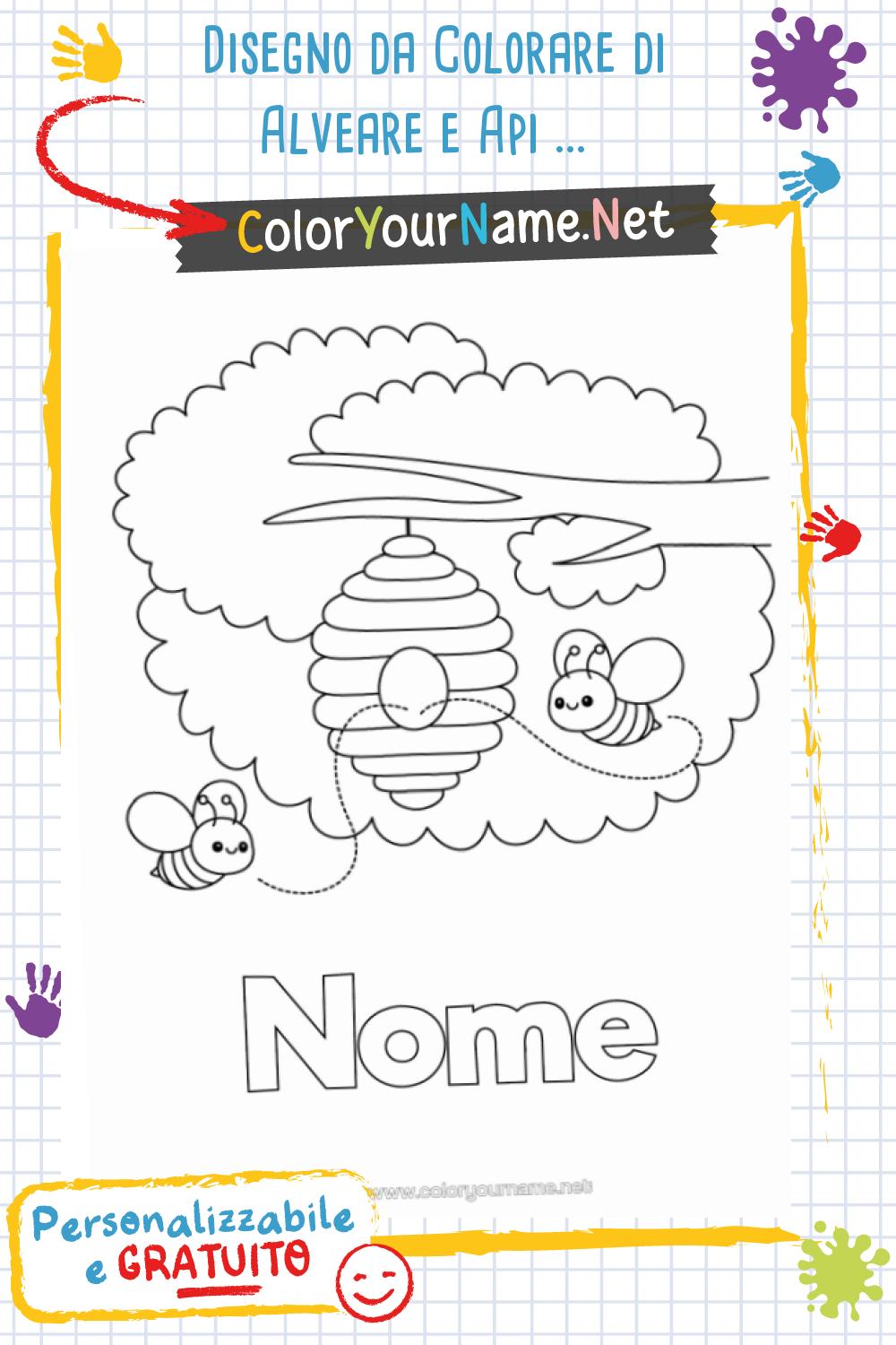 Disegno da Colorare di Alveare e Api – Personalizzazione con Nome