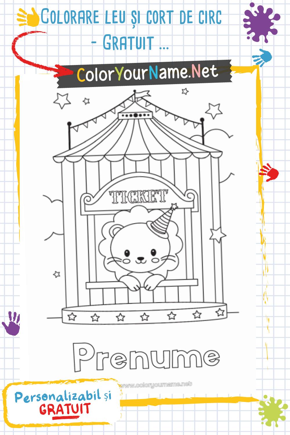 Colorare leu și cort de circ – Gratuit și personalizabil