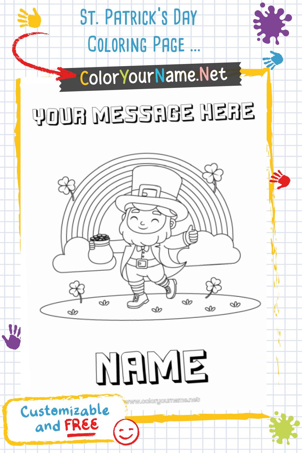 St. Patrick’s Day Coloring Page – Leprechaun & Rainbow Personalizable