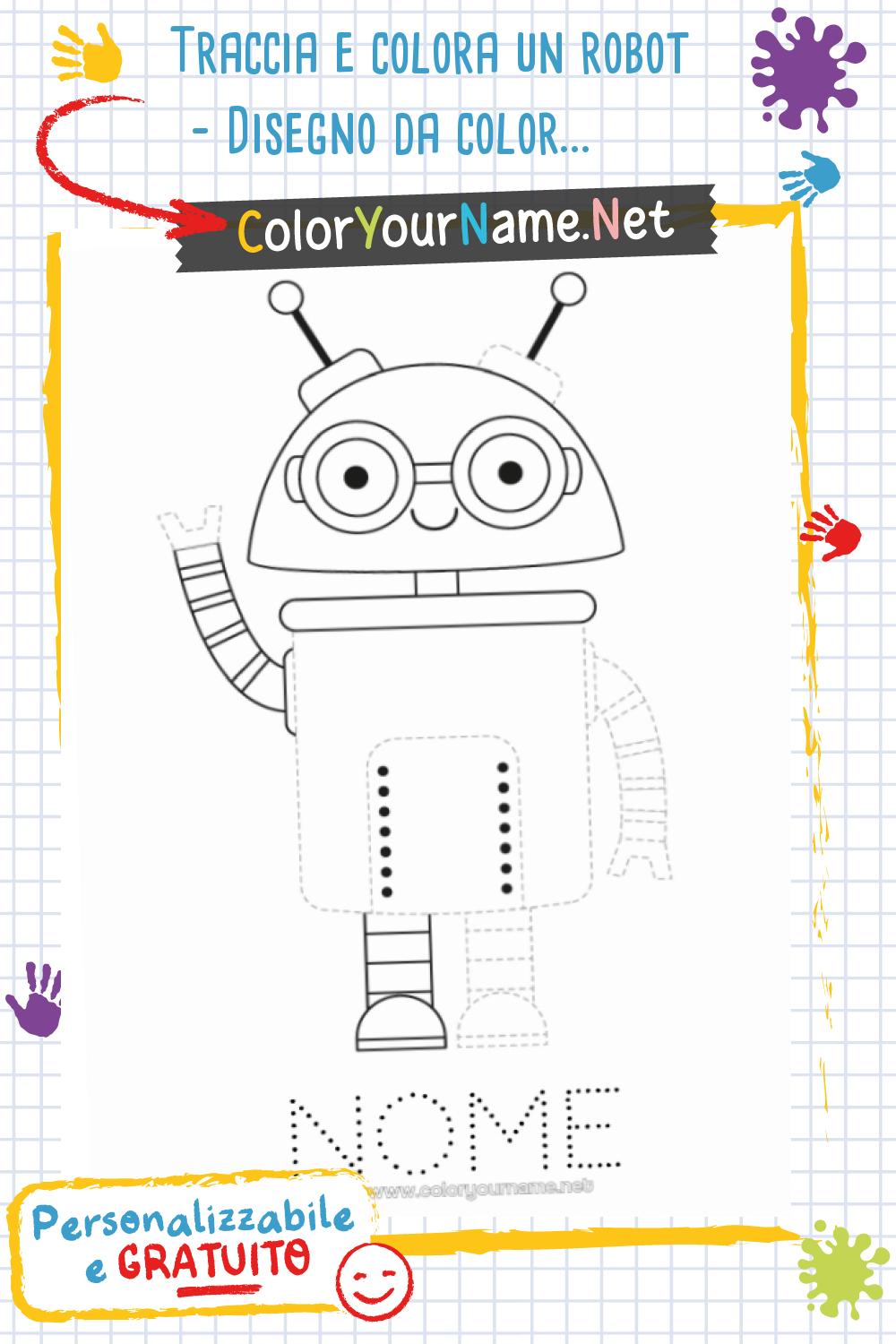 Traccia e colora un robot – Disegno da colorare facile per bambini